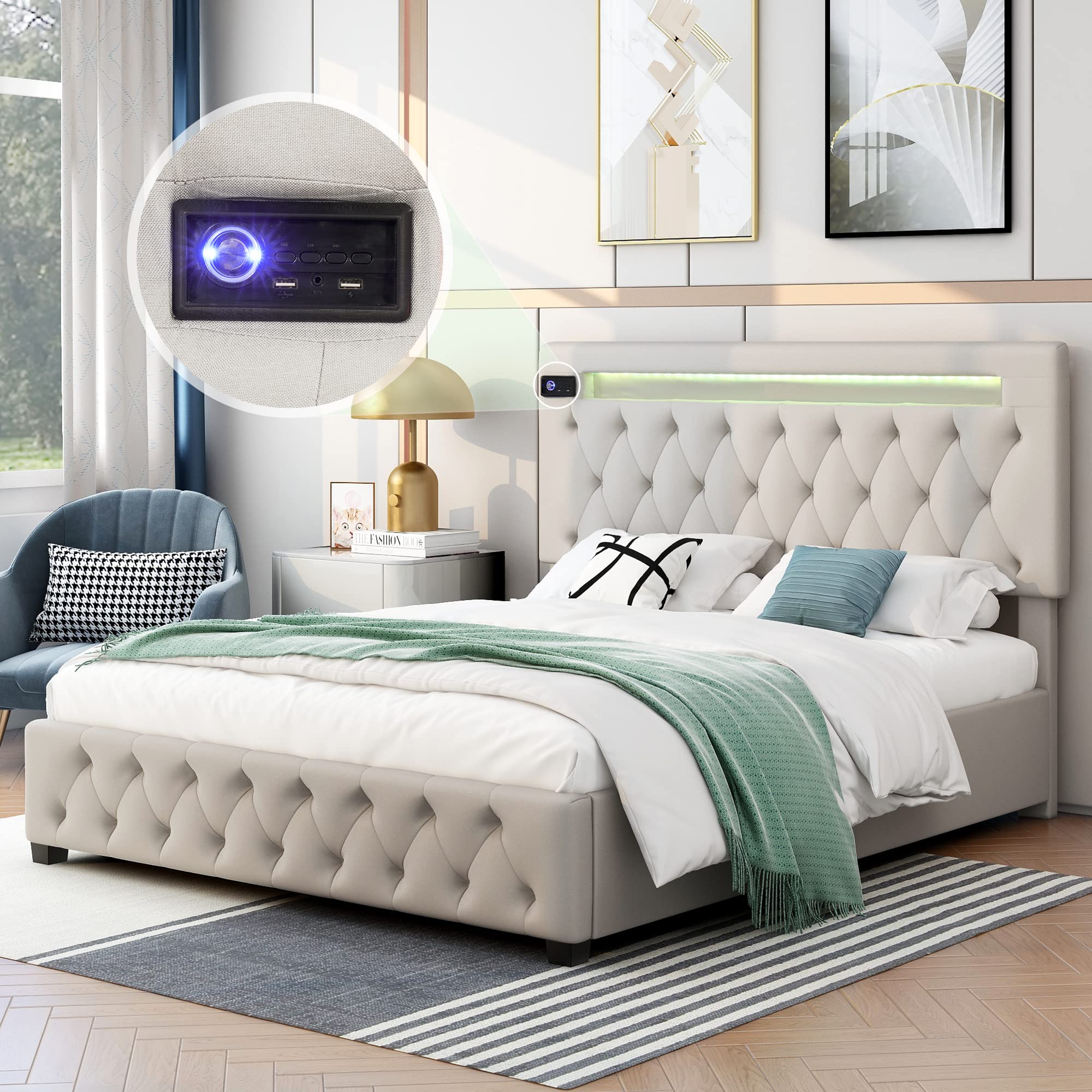 Queen Lift Storage Bed Upholstered Bed, Luxury Bed Frame With LED Light Bluetooth Player And USB Charging,Adjustable Linen Fabric Headboard,Hydraulic Storage Platform Bed For Kids Teen Adults (Beige)
