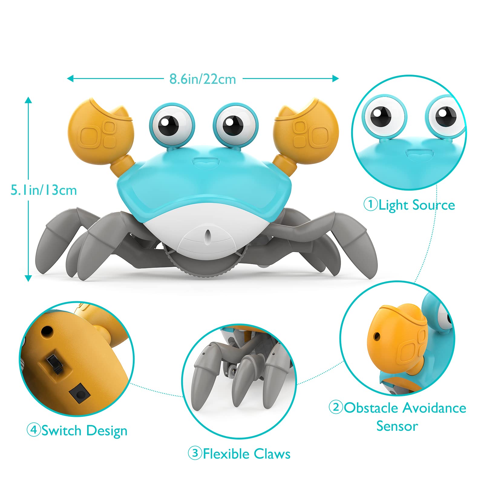 HIMEN Musical Crawling Crab Baby Toy, Rechargeable Walking Crab Toy with LED Light, Automatically Avoid Obstacle, Fun Interactive Development Baby Toys 6 to 12, Gifts for Kids Babies Toddlers