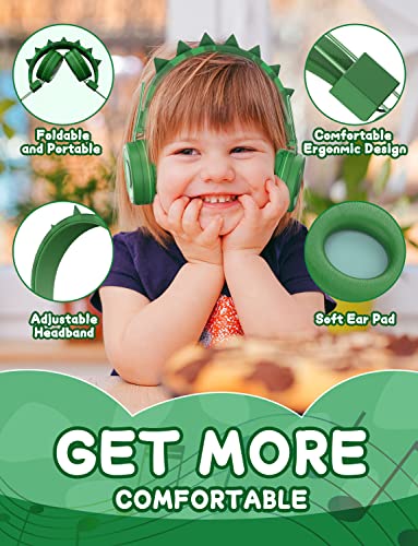 SIMJAR Kids Bluetooth Headphones with Microphone for School, Dinosaur Over-Ear Kids Wireless Headphones with Volume Limiter 94dB, Foldable Adjustable Headband for iPad/Airplane/Travel/Tablet (Green)