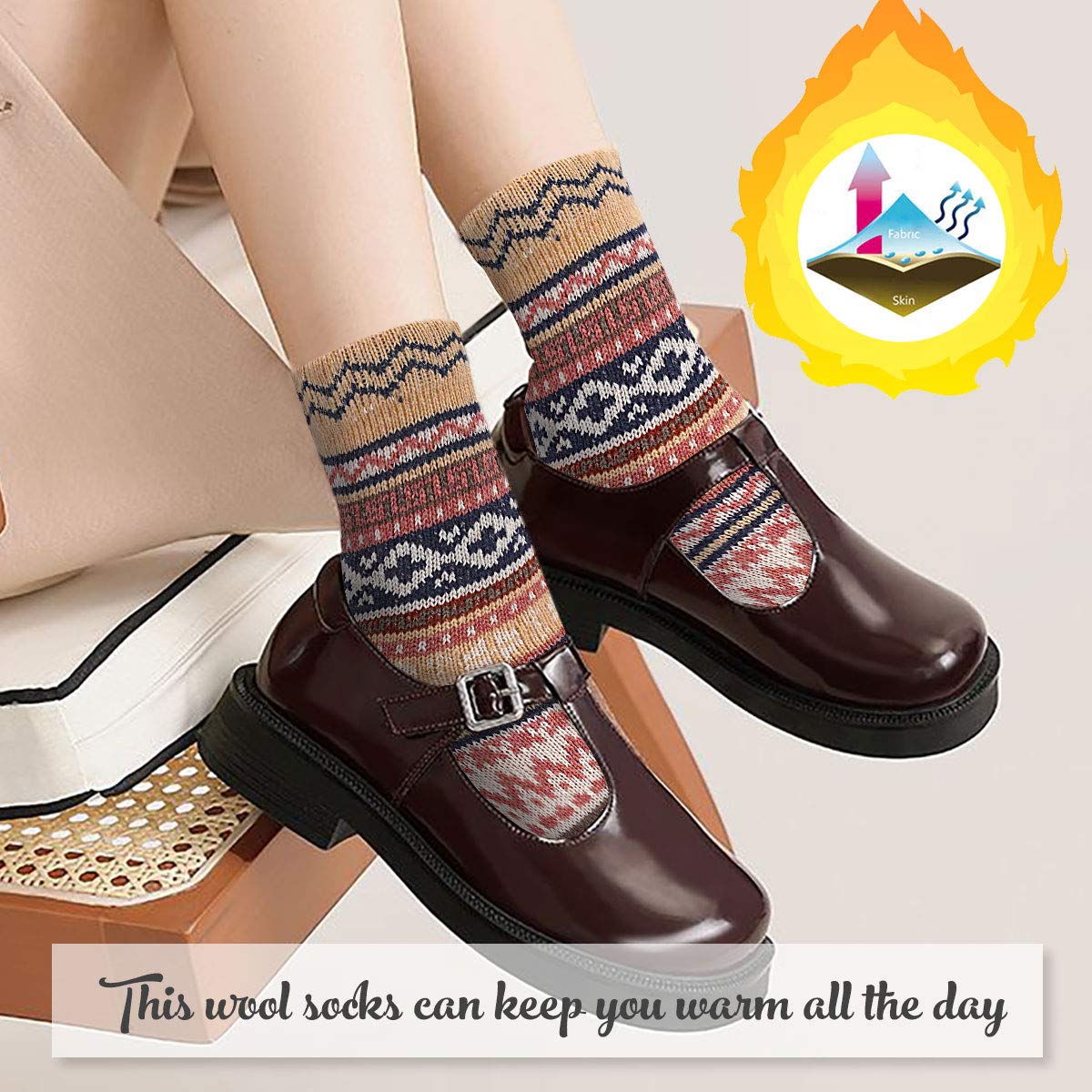 HiTauing 5 Pack Womens Wool Socks Winter Soft Warm Cold Knit Wool Crew Socks Thick Knit Cozy Winter Socks Gifts for Women One Size
