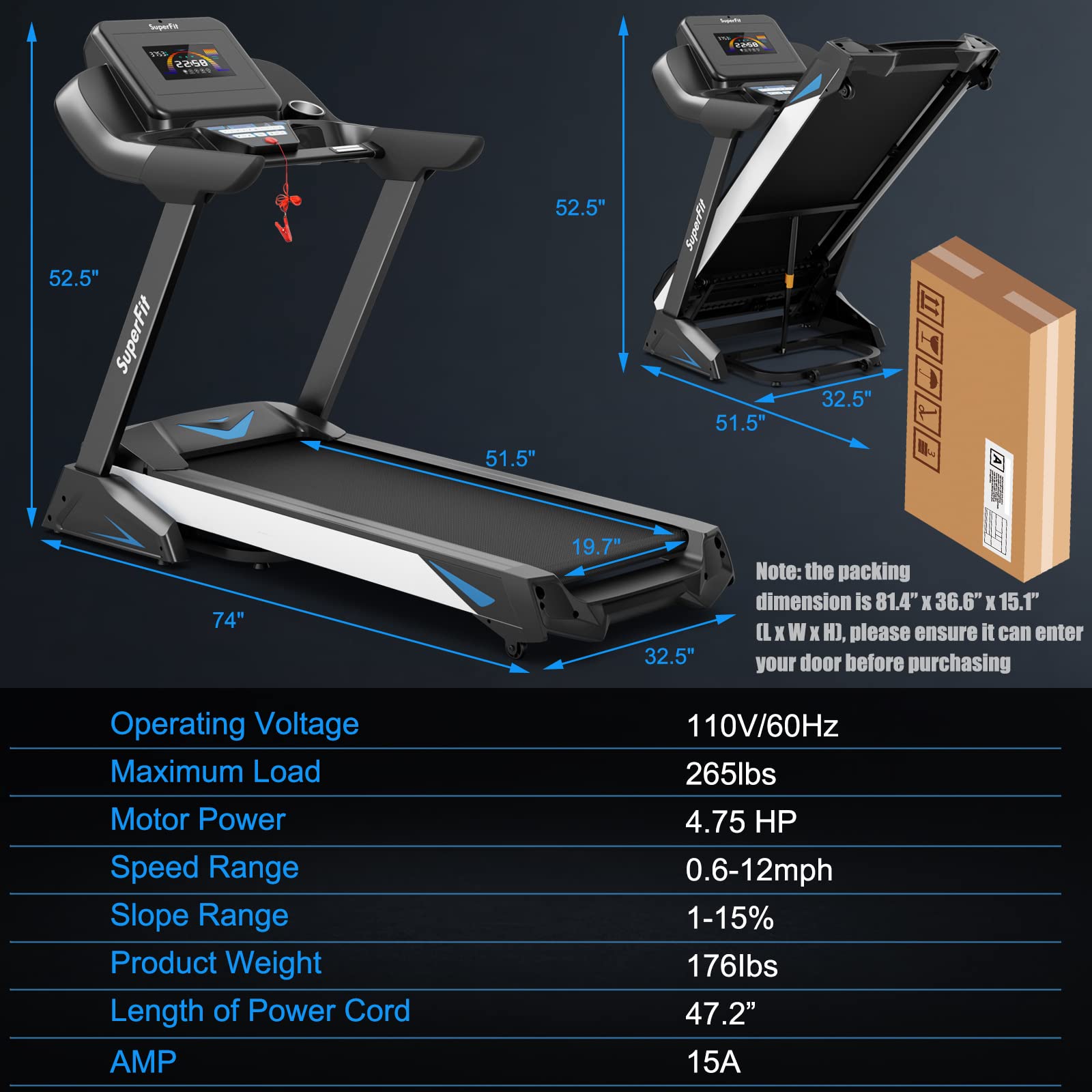 Goplus 4.75HP Folding Treadmill with 15% Auto Incline and APP, Commercial Heavy Duty Superfit Treadmill with 20 Preset Programs, Bluetooth Speaker, Soft Drop System, Pause, Running Machine for Home