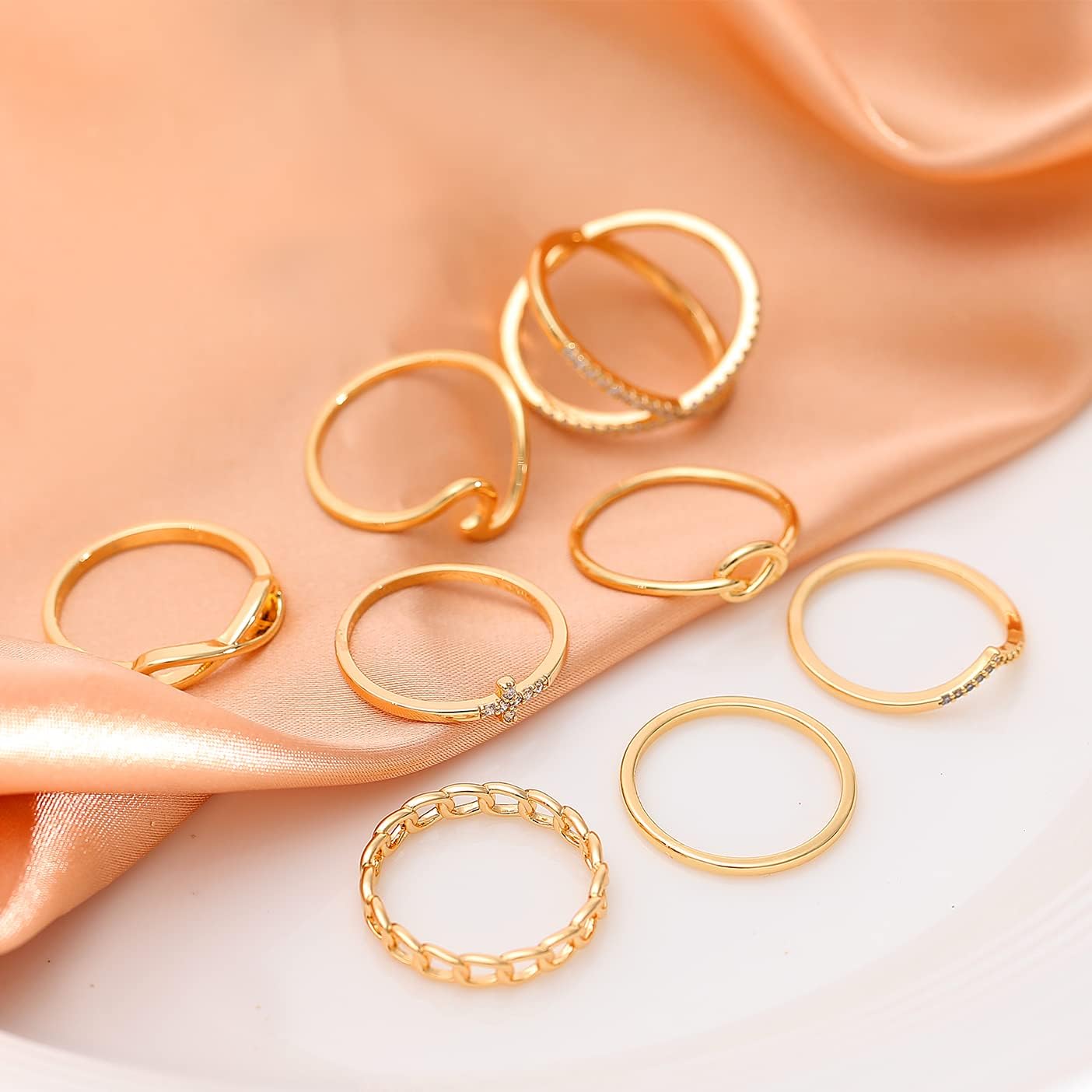 FUNEIA 8PCS 14K Gold Plated Stacking Rings for Women Size 4 to Size 12 Gold Silver Stackable Knuckle Rings Set for Teen Knot Wave Simple Thumb Thin Wedding Plain Band Rings