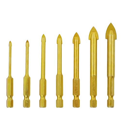 Meichoon Drill Bits Set Triangle Tile 3-12mm 7PCS, Tungsten Carbide Titanium Coated Ceramic Concrete Drilling Tool with Hex Shank for Glass Tile Ceramic Mirror Porcelain Marble DC04