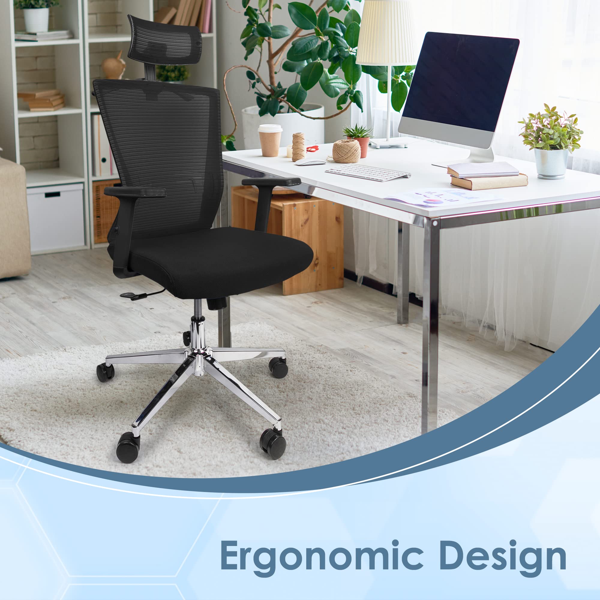 Ergonomic Office Chair - Seat with Adjustable Mesh Headrest & High Back Support - Relieves Back Pressure & Provides Lumbar Support - Height Adjustable Reclining & Rolling Office Chair