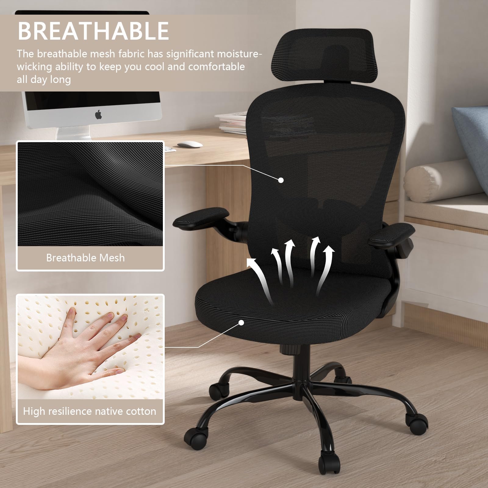 Ergonomic Office Chair, Comfortable Swivel Computer Chair, Breathable Mesh Desk Chair, High Back Home Office Chair with Flip-up Arms and Lumbar Support