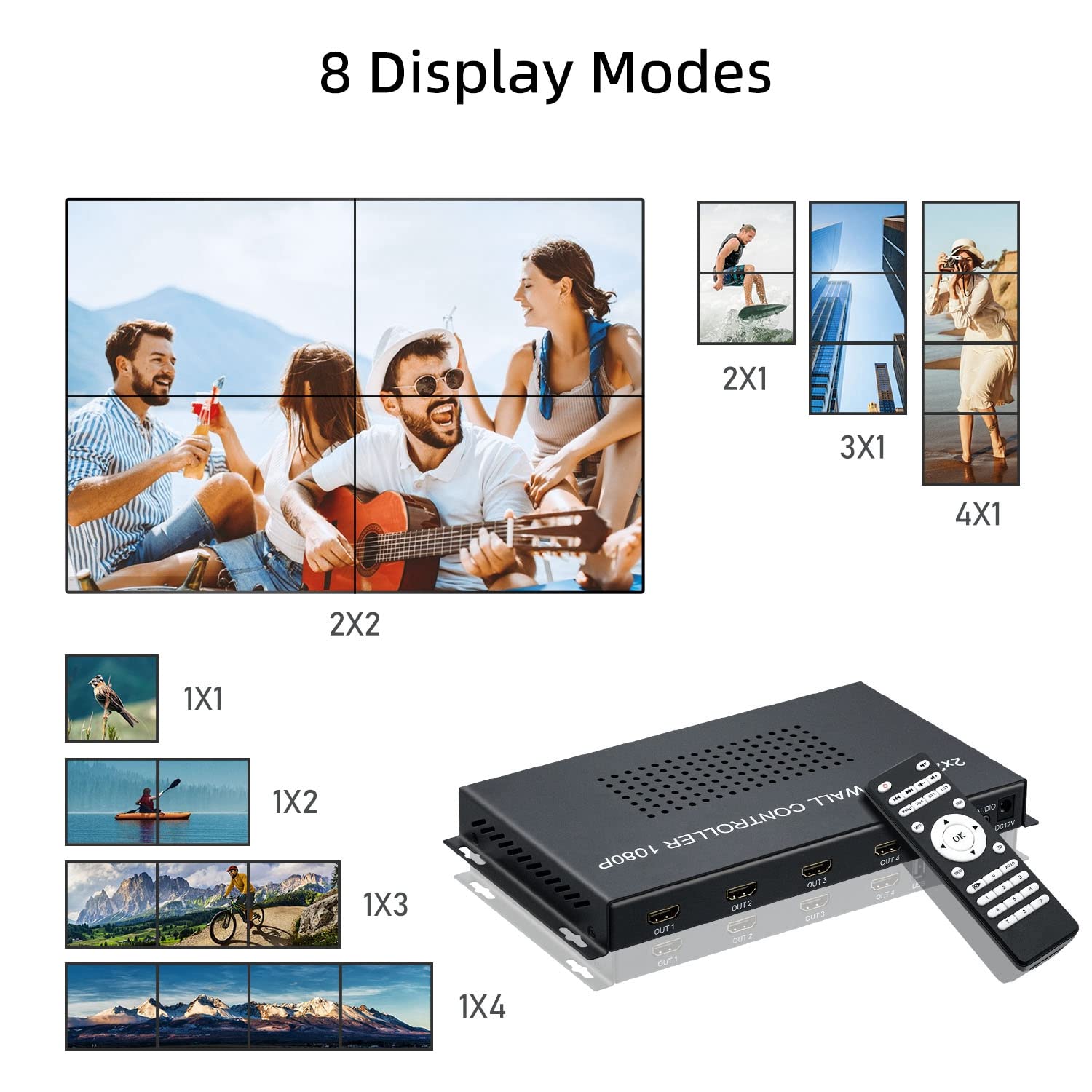 Mcbazel HDMI Video Wall Controller 2x2, HDMI Video Image Processor 1080P@60HZ Screen Splicing Support 8 Display Modes - 4x1, 3x1, 2x1, 2x2, 1x4, 1x3, 1x2, 1x1