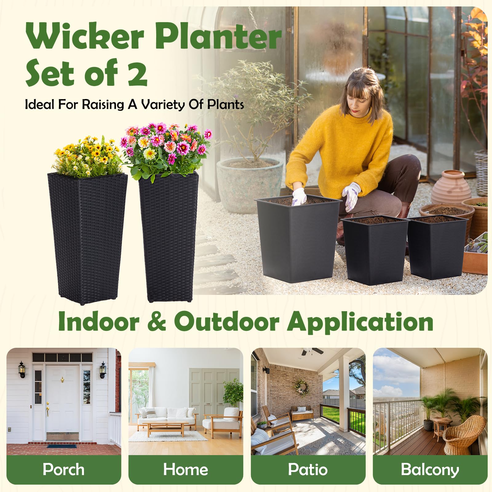 IDZO Wicker All-Weather Planter Set with Liners Tall Plant Decor Box for Outdoors Patio Herb Garden Furnishings - Rectangular Mocha