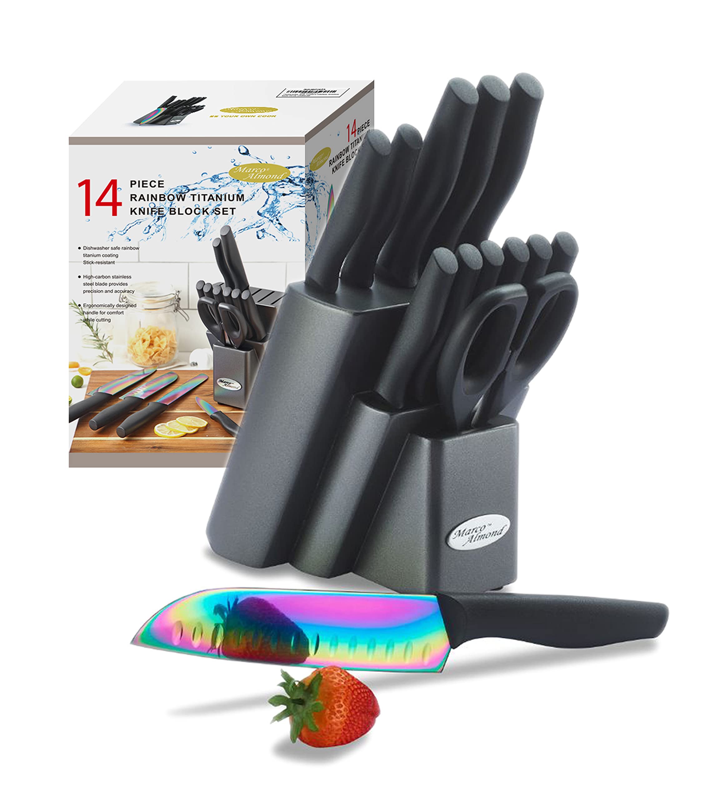 KYA25 Rainbow Color Knife Block Set + KYA52B 7 PCS Stainless Steel Cooking Utensils Sets with Titanium Plated + KYA59 Titanium Coated Stainless Steel Long Handle Spoons