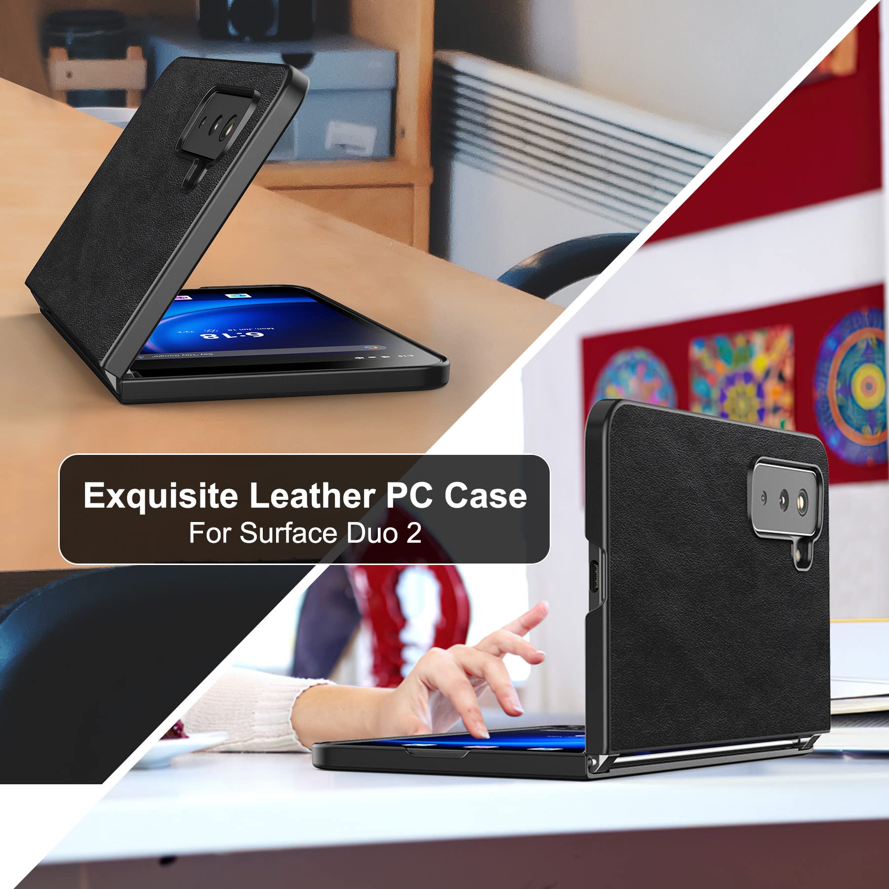 Foluu for Microsoft Surface Duo 2 Case, Surface Duo 2 2021 Leather Case, [Slim & Lightweight] PU Leather Back Cover Hard PC Durable Protective Phone Case for Microsoft Surface Duo 2 2021 (Black)