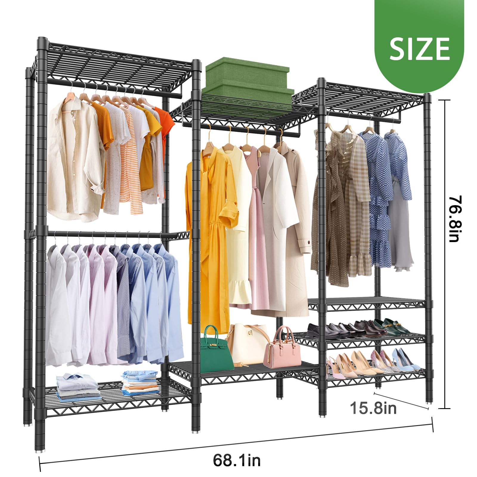 Portable Closet Wardrobe Heavy Duty Clothes Rack,Freestanding Closet Organizer,Multi-Functional Bedroom Clothing Rack with 5 Hanger Rod,8 Shelves,Adjustable Closet Organizers And Storage, Black
