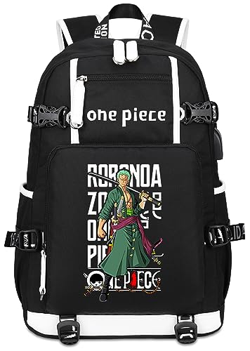 Roffatide Anime One Piece Laptop Backpack with USB Charging Port & Headphone Port Roronoa Zoro Rucksack with Printed Backpack for Men Women Graphic Travel Backpack