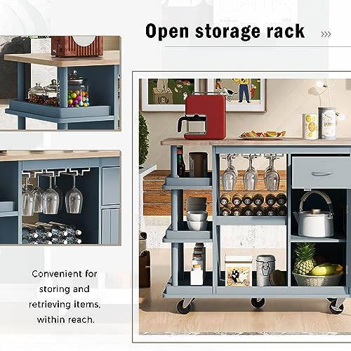 TOCLIU Bar Cart, Serving Cart Microwave Cart, Drink Cart, Mobile Kitchen Shelf with Wine Rack and Glass Holder, Rolling Beverage Cart for Home (Blue)