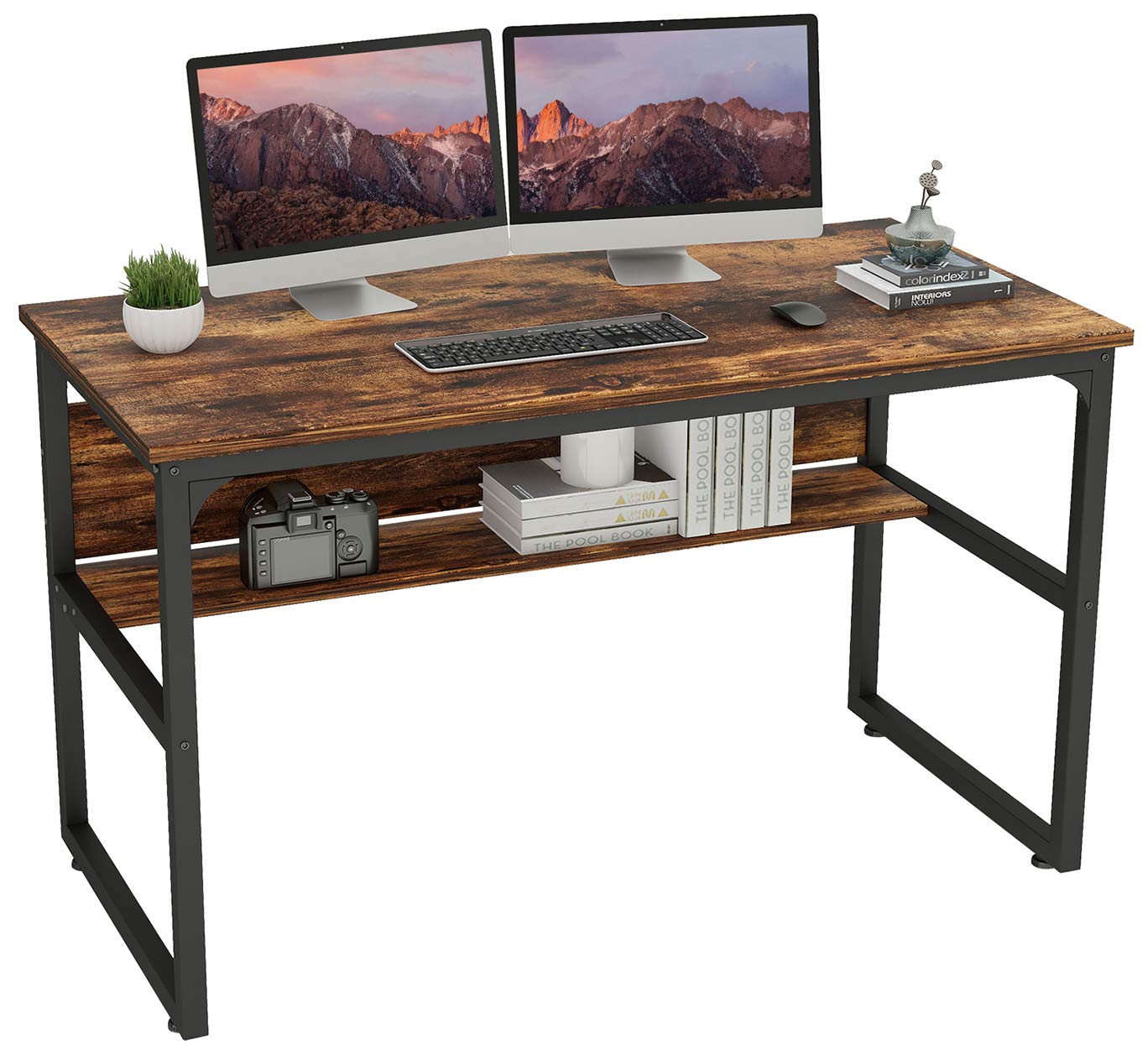 Hanamichi Computer Desk, 55" Computer Table with Bookshelf, Large Space, MDF Durable Board, Environmental Paint, Stable Design for Home Office (Vintage Brown)