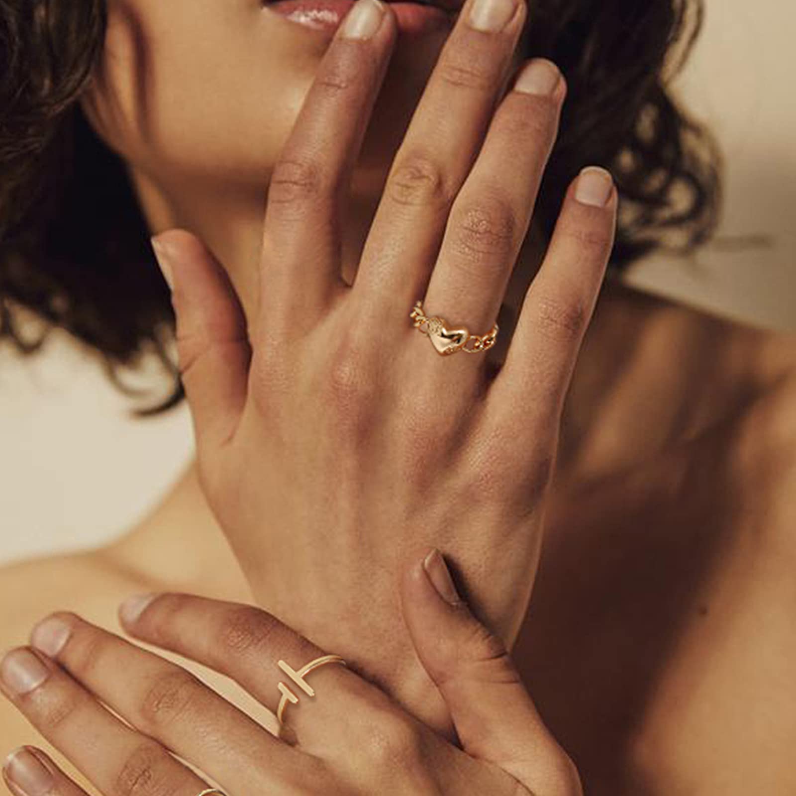 GDCOIN Gold Ring for Women Love Heart Stacking Rings丨14k Gold Plated Link Chain Rings丨Promise Band Ring Hypoallergenic丨Size 7