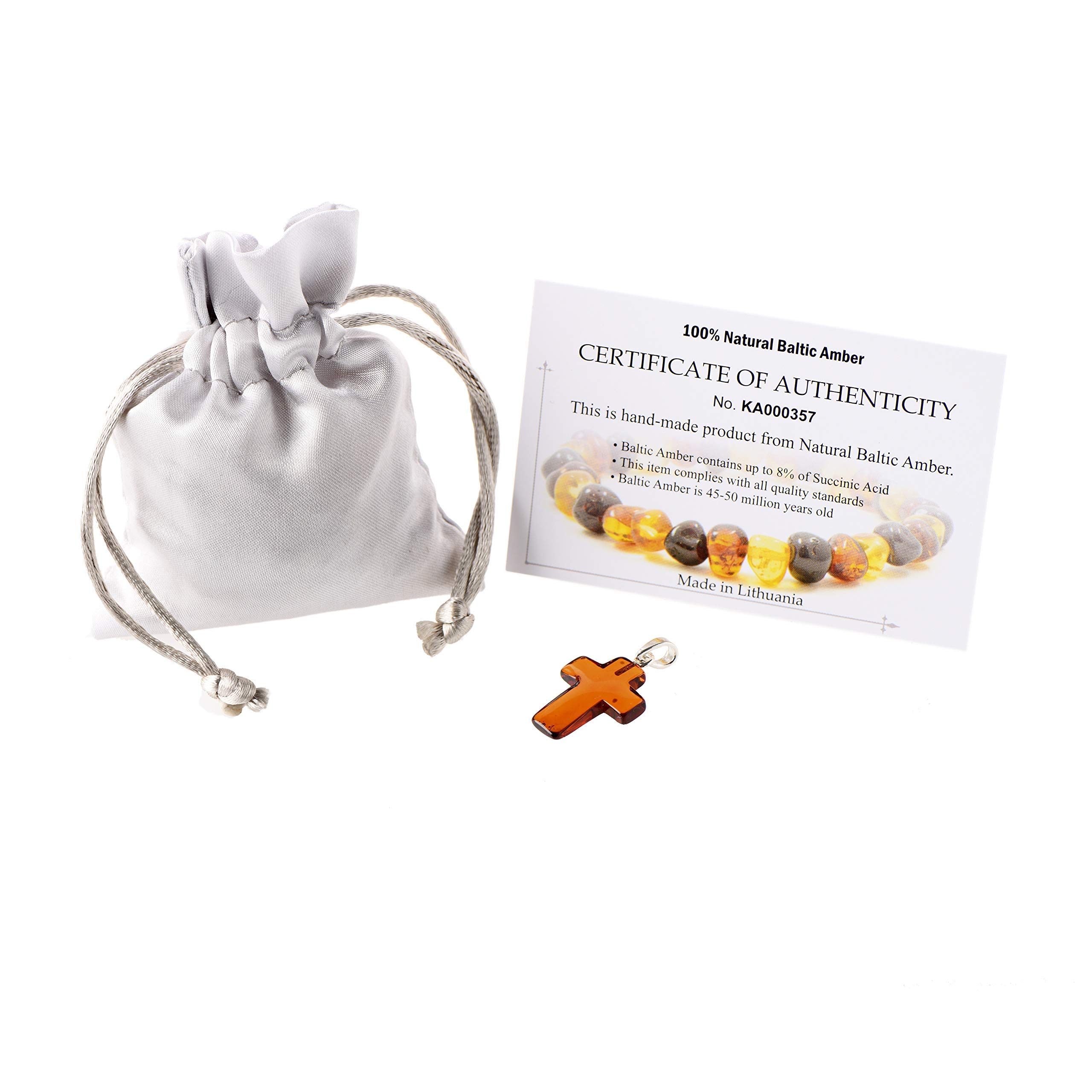 Genuine Baltic Amber Cross Pendant, Amber Cross Pendants for Necklace (Cognac)