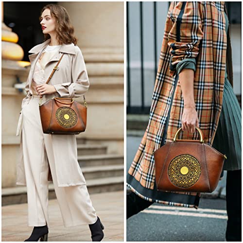 Genuine Leather Handbags for Women, Organizer Top Handle Satchel Vintage Embossing Totem Shoulder Bag Medium