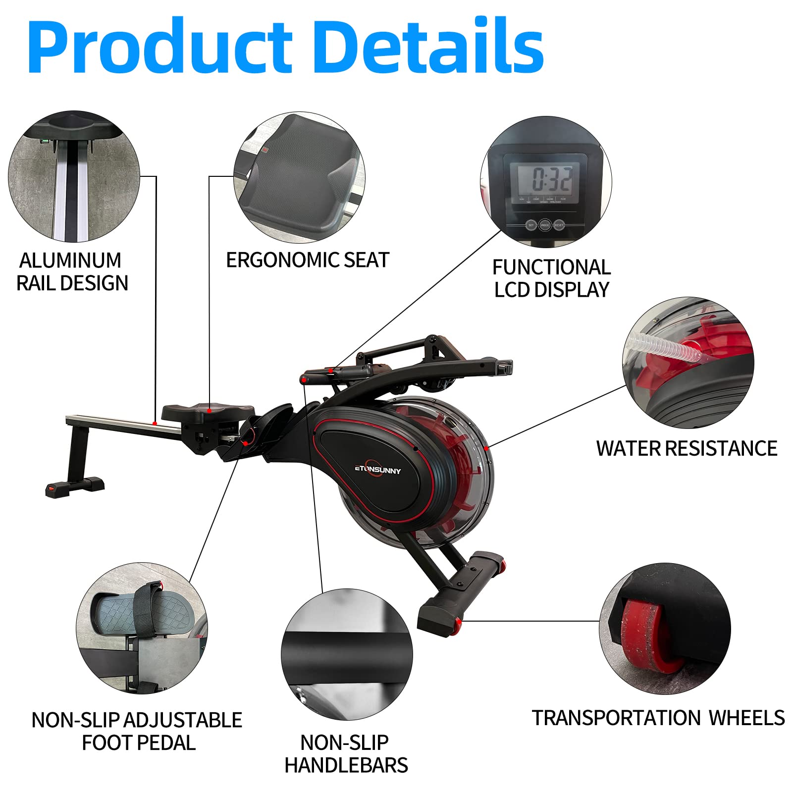 ETONSUNNY Water Rowing Machine, Vertical Tank Water Rower Machine with Bluetooth Fitness APP, Support 330 LBS Weight with LCD Monitor Rowing Machine for Home Exercise Training