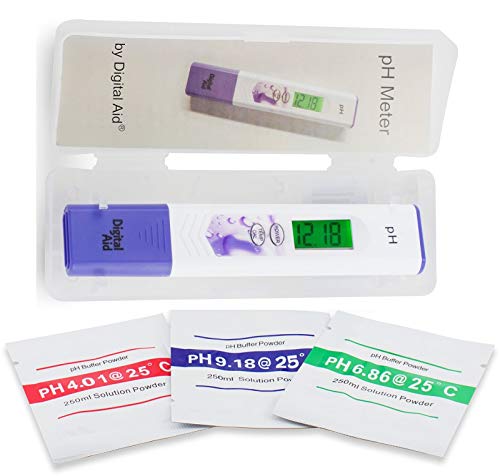 pH Meter and Temperature Meter. Digital Aid Professional Quality Water Test Meter. Large Back-lit LCD Screen. Range 0.00 to 14.0 pH; 32° - 140°F. 3 Free Buffer Solution Powders.