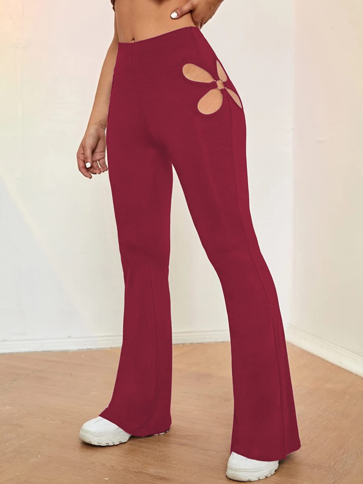 Hilinker Women's Cut Out High Waisted Pants Ladder Bootcut Night Out Stretch Flare Pants Wine Red X-Large