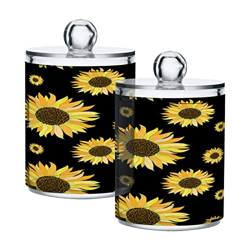 Kigai Black Sunflower Qtip Holder - 14OZ Clear Plastic Apothecary Jars Bathroom Canister Dispenser Organizer Vanity Storage Jar with Lid for Cotton Ball, Cotton Swab, Floss (2PACK)