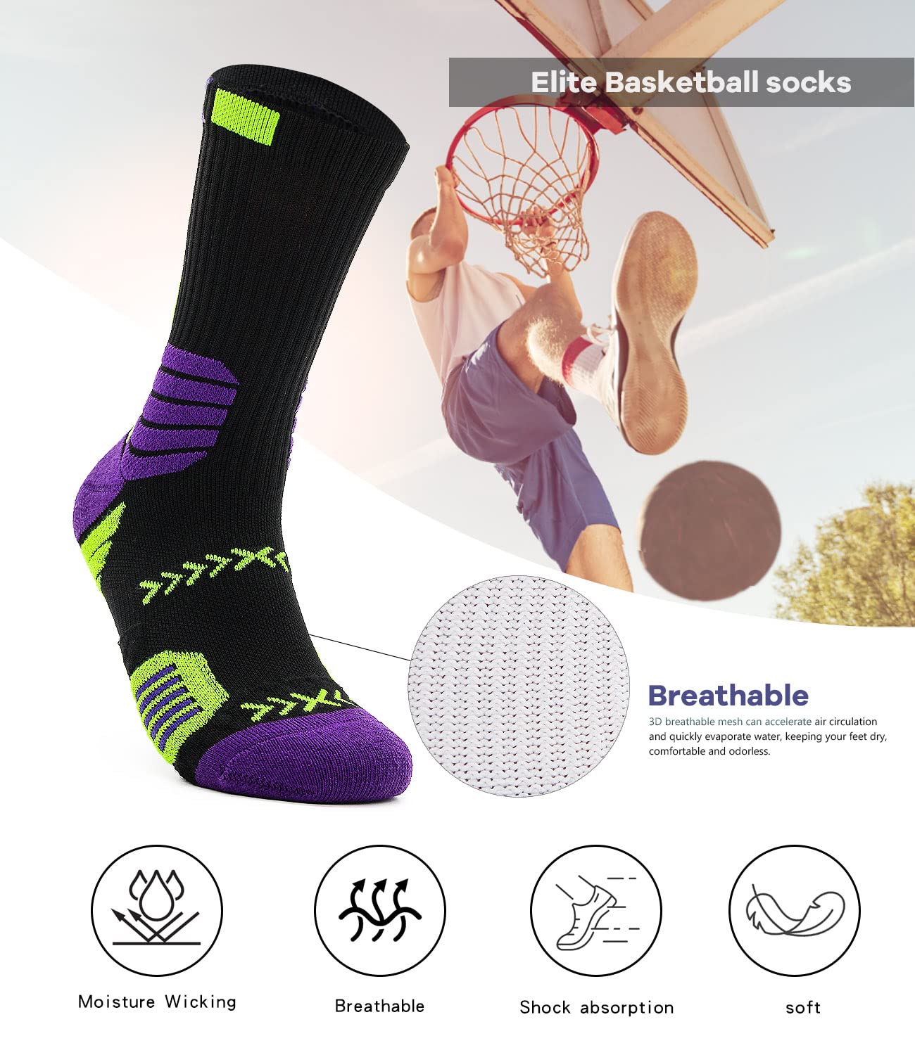 GOQCN Mens Basketball Socks Elite Athletic Crew Socks for Womens Youth Boys Grey Black, 6-12