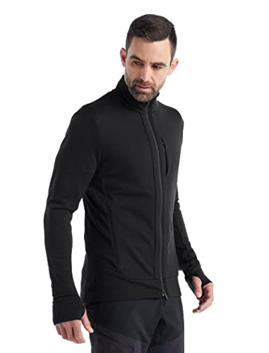 Icebreaker Merino Quantum III Men’s Full Zip Up Sweater, 100% Merino Wool, Comfy, Slim-Fit Zip Up Jacket for Men with Zippered Pockets, Thumb Loops - Premium Outdoor Sweat Shirt, Black, Medium