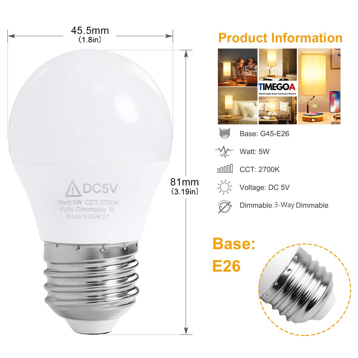 TIMEGOA Safety Low Voltage 5V 5W 3-Way Dimmable LED Light Bulb, G45 E26 E27 Base Energy-Saving Bulb, 60W Equivalent, 400 Lumens A19 Bulb, 3000K LED Bulb, 2 Pack