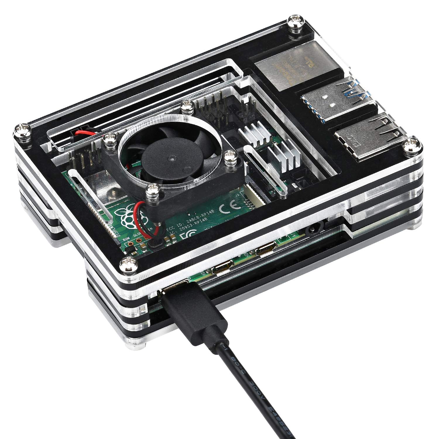 GeeekPi Acrylic Case for Raspberry Pi 4, Raspberry Pi 4 Case with Fan, Raspberry Pi 4 5V 3A Type-C Power Supply, 4pcs Aluminum Heatsinks for Raspberry Pi 4B 8gb/4gb/2gb (No Raspberry Pi Board)