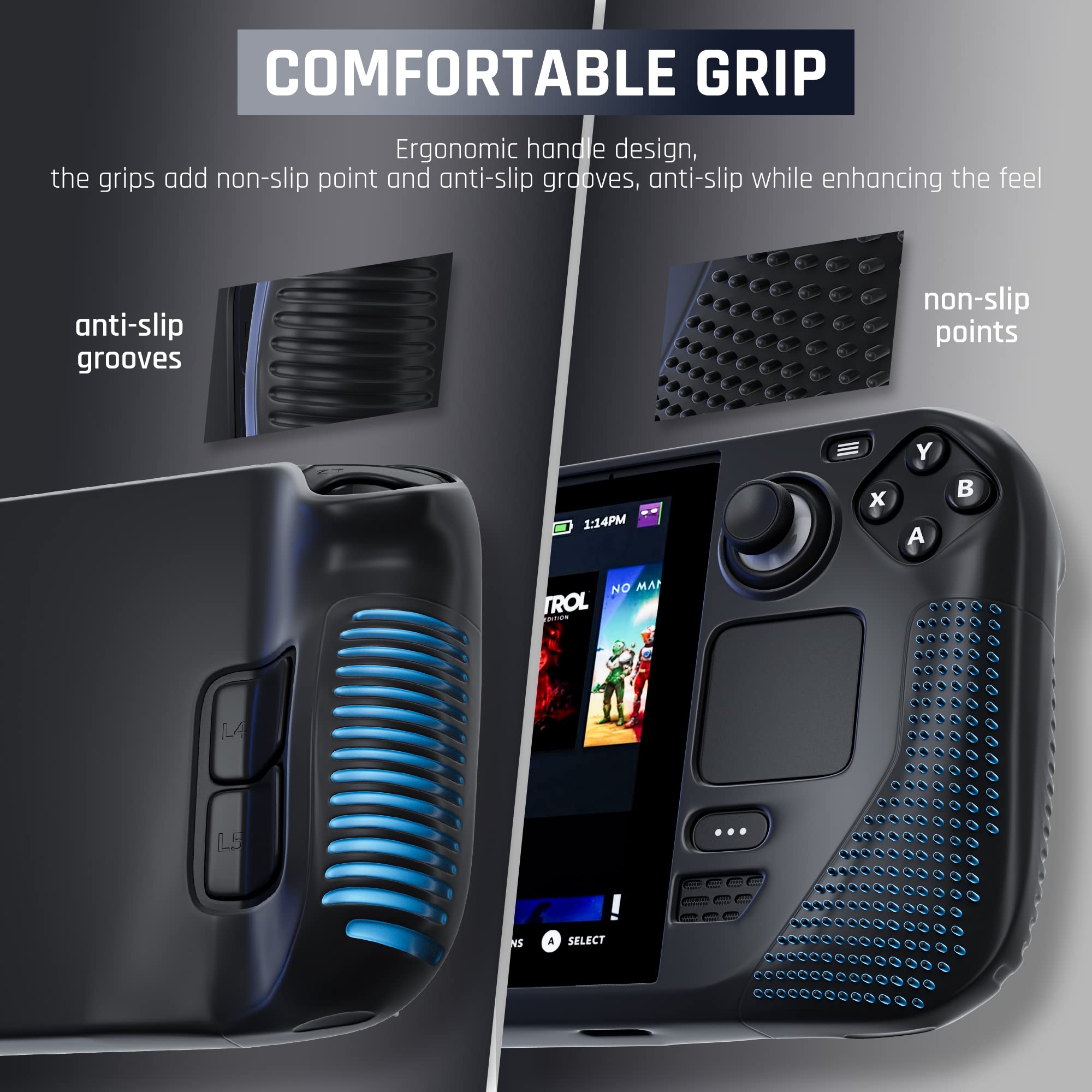 GLDRAM Case Kit for Steam Deck, Soft Silicone Cover Shock Absorption, Anti-Scratch, Ergonomic Grip Case for Steam Deck, Black Skin with 2Screen Protector,8 Thumb Caps, Full Protection Game Accessories