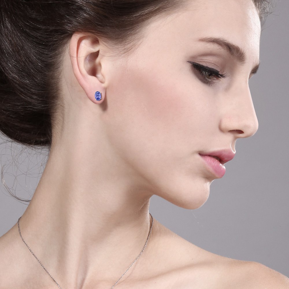 Gem Stone King 925 Sterling Silver Tanzanite Stud Earrings For Women (1.60 Cttw, Gemstone Birthstone, Oval 7X5MM)
