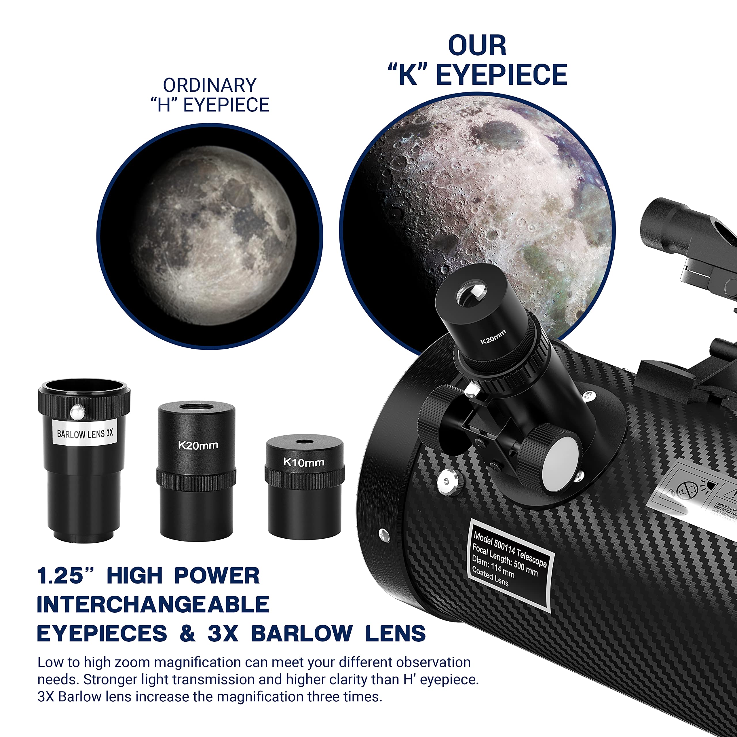 ESSLNB Astronomical Reflector Telescopes 114AZ Mount with Shutter Control and Steel Tripod 500mm Telescopes for Adults Astronomy Beginners with Phone Adapter 3X Barlow Lens and Moon Filter