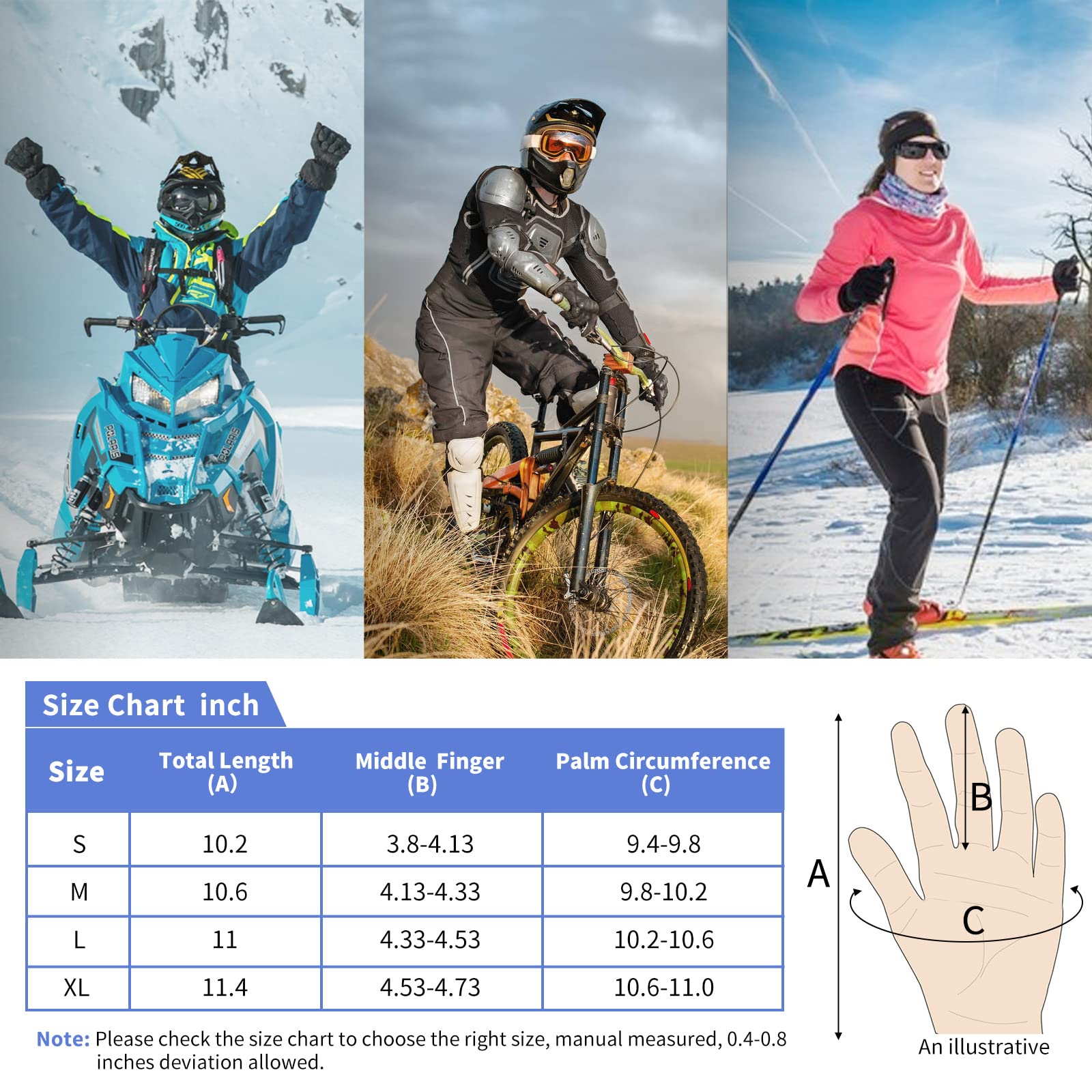 FUEMEILY Winter Ski Mittens for Men Women, Warm Snow Mitts for Cold Weather, 3M Thinsulate Gloves for Snowboarding Skiing