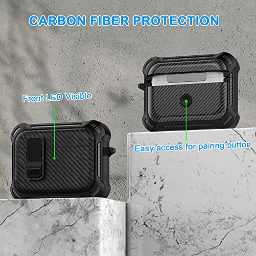 R-fun for AirPods Pro 2nd /1st Generation Carbon Fiber Case Cover with Lock,Automatic Snap Switch and Full-Body Drop Protection Case for AirPods Pro 2 -Black