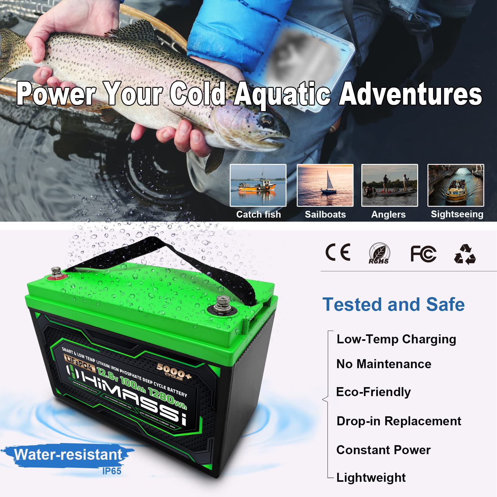 HiMASSi 12V 100Ah LiFePO4 Battery, Built in 100A BMS Lithium Battery for Trolling Motor Marine RV Solar Electrical Systems Home Energy Storage