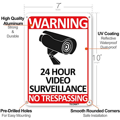 TICONN 2-Pack 24 Hour Video Surveillance Sign, No Trespassing Aluminum Warning Sign, 10ββx7ββ for CCTV Security Camera - Reflective, UV Protected