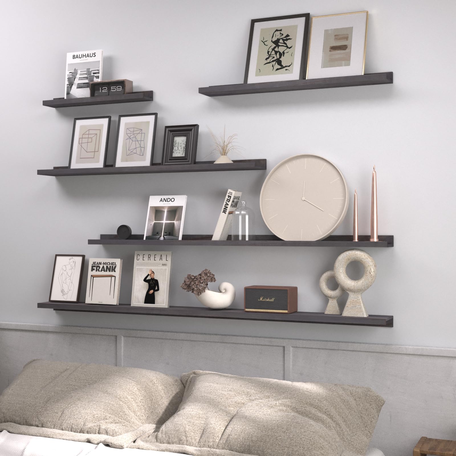 SAUMONIERES Picture Ledge Shelf Floating Book Shelves 36 Inch Set of 3 Wall Mounted Solid Wood for Bedroom Living Room Kitchen Rustic Grey