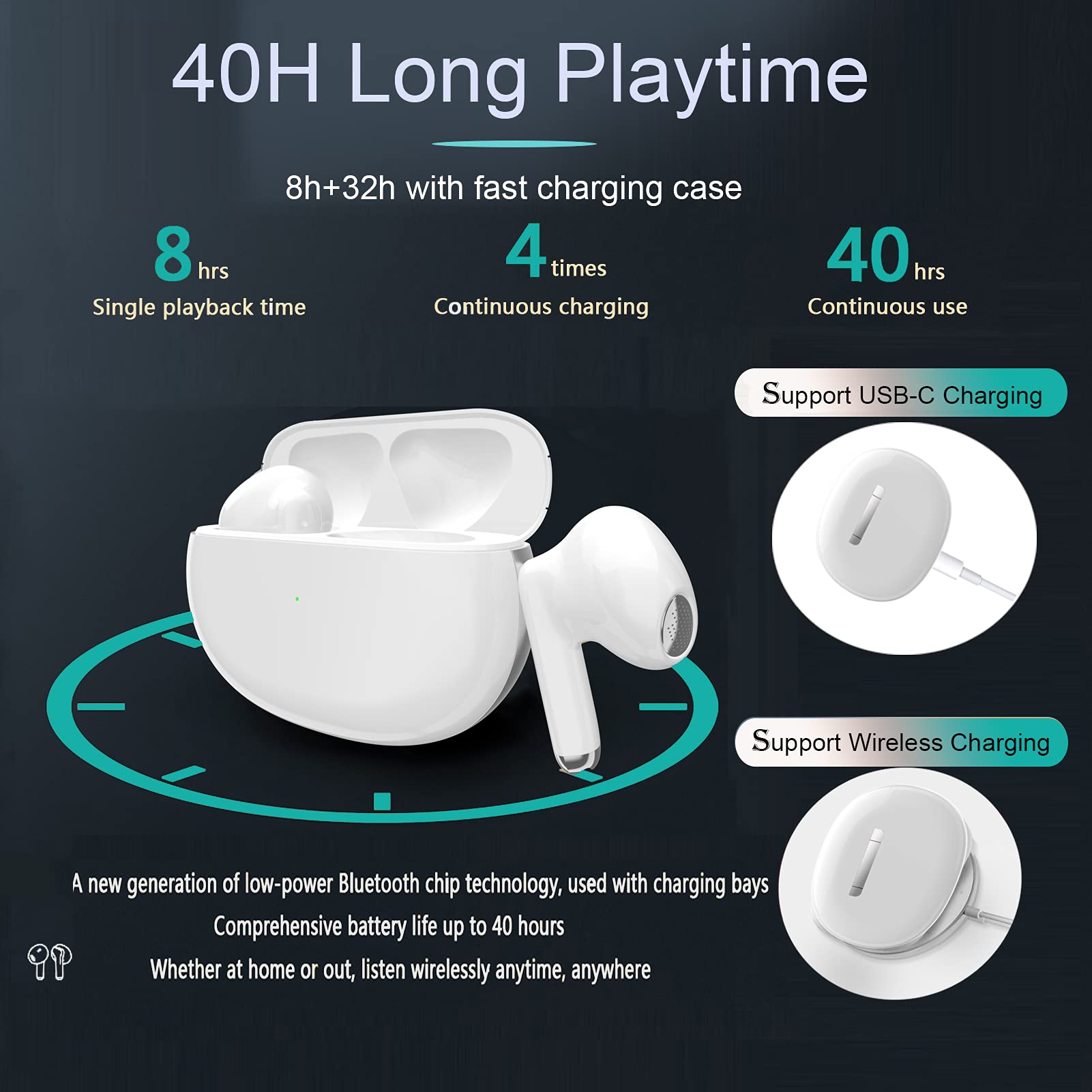 True Wireless Earbuds Bluetooth Headphones Mini Charging Case Stereo Smart Noise Reduction Waterproof Air Buds in-Ear Built-in Mic Premium Deep Bass Earphones for iPhone/Android/Samsung (White)