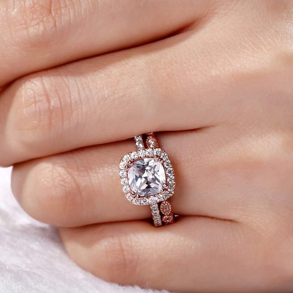 Greendou Fashion Jewelry 14k Rose Gold Plated Sterling Silver Round Clear Zirconia Flower Halo Ring Set (10)