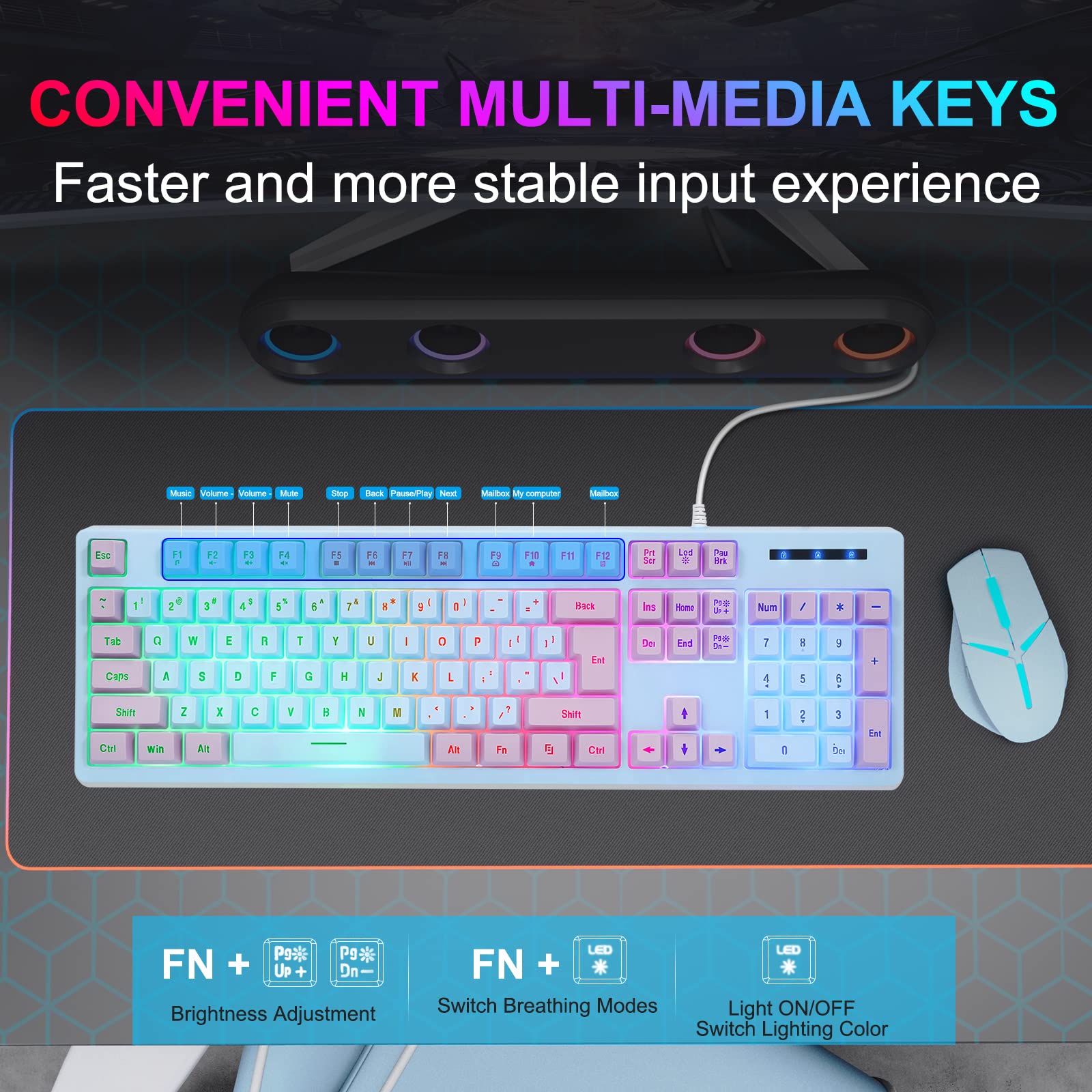 HUO JI Gaming Keyboard USB Wired with Rainbow LED Backlit, Quiet Floating Keys, Mechanical Feeling, Spill Resistant, Ergonomic for Xbox, PS Series, Desktop, Computer, PC, Pink White