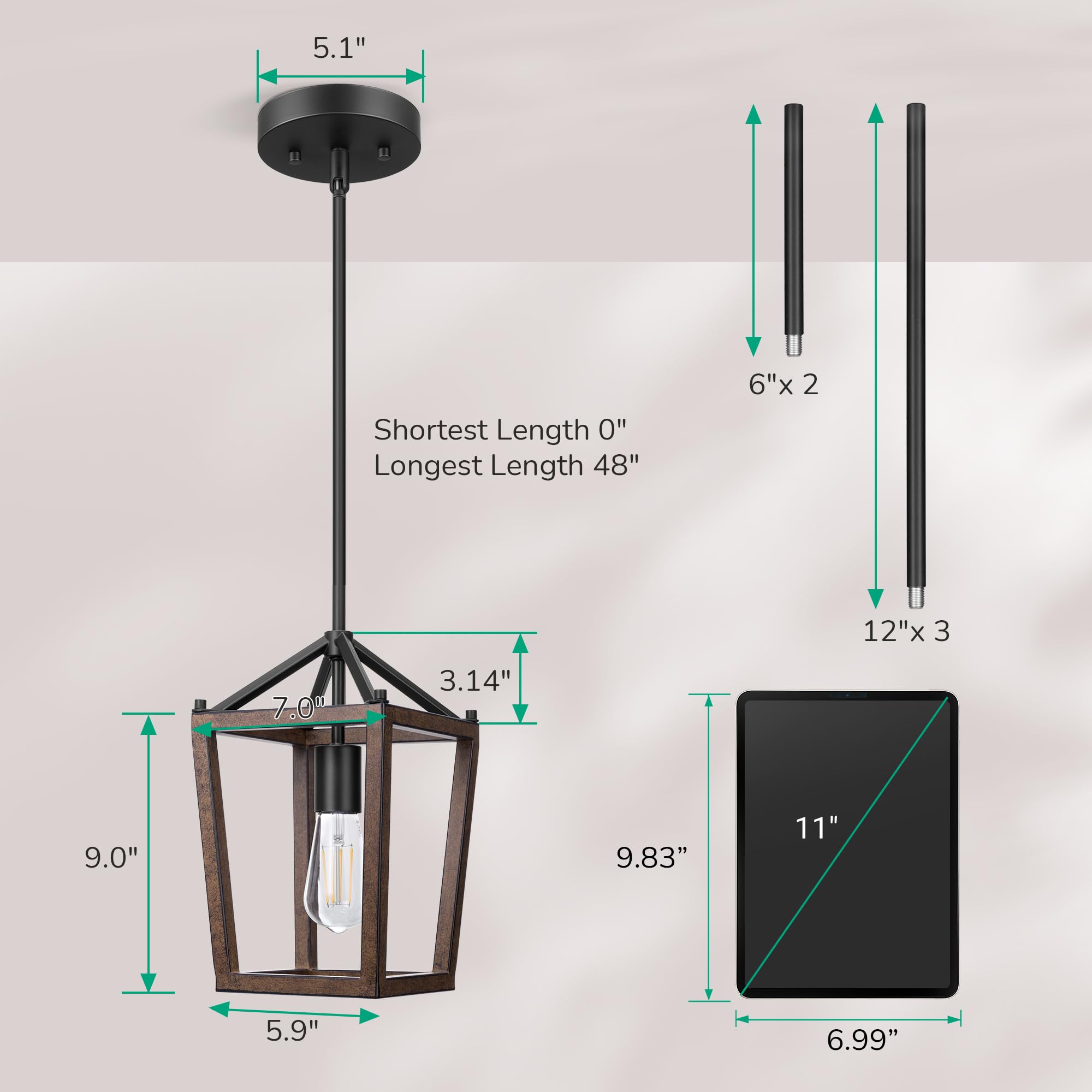 EDISHINE pendant lights for Kitchen Island, 1-Light Farmhouse Cage Hanging Light Fixtures, Rustic Wood with Brown Finish, Adjustable Height Pendant Light for Dining Room, Allway and Foyer