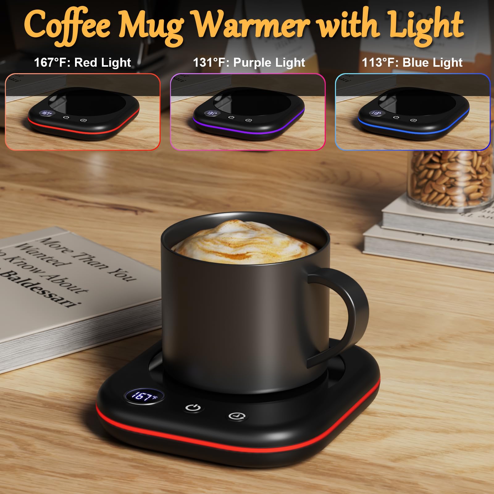Mug Warmer Upgraded,Coffee Mug Warmer for Desk LEDs Light 3 Temp Settings (45-75β) 1-12H Timer 4 H Auto Shut Off Beverage Cup Candle Warmer for Coffee Tea Milk(Black)