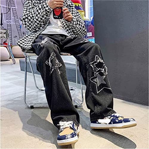 Y2K Baggy Jeans Mens Straight Wide Leg Vintage Denim Pants Black Hip Hop Patchwork Trousers