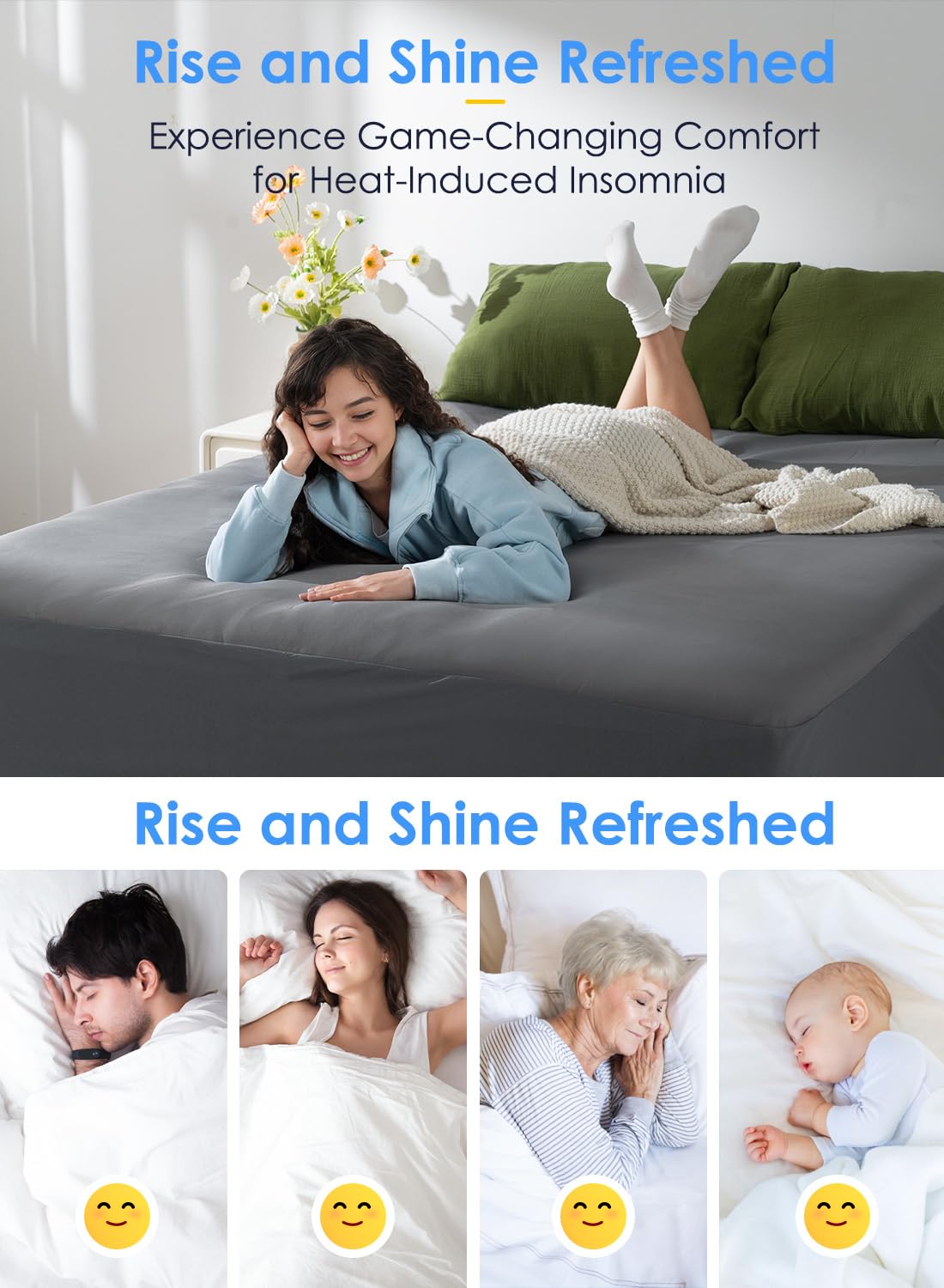 QUEEN ROSE Cooling Mattress Pad Queen Size, Cooling Mattress Protector Cover for Hot Sleepers, Fitted Sheets with a Deep Pocket Fits Up to 18” Mattress, Grey