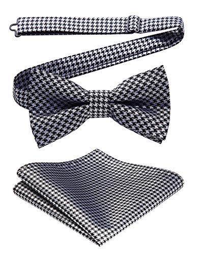 HISDERN Black White Plaid Bow Ties for Men Pre-Tied Bow Tie and Pocket Square Set Classic Formal Bowties for Wedding Party Adjustable