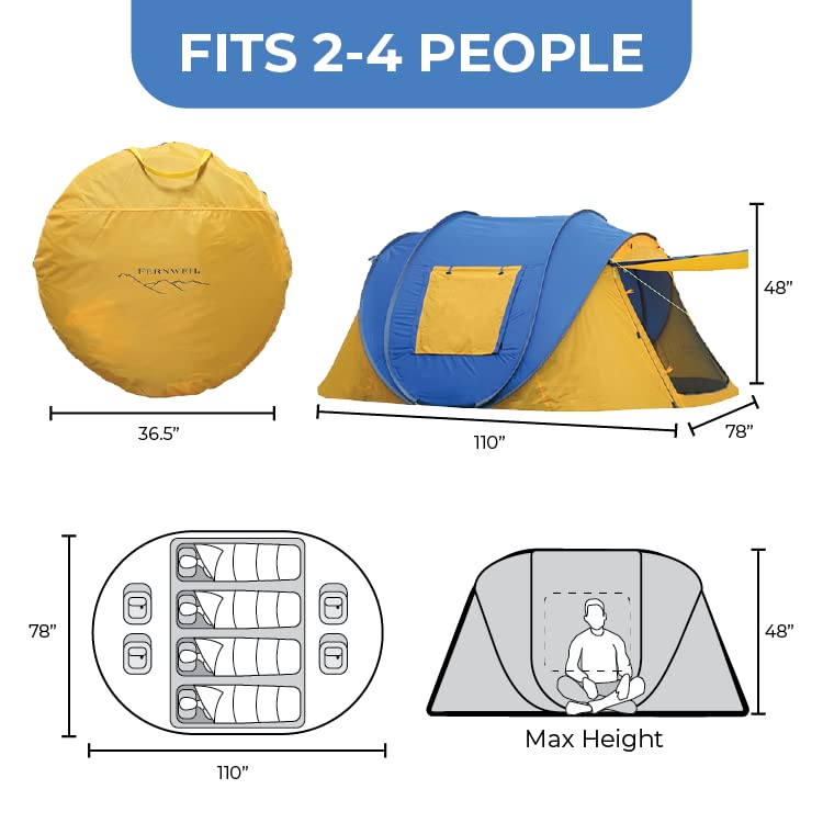 Instant Tent Pop Up Camping Folding Tent - Sets Up in Seconds Foldable Tent - Sleeps 3-4 People - Automatic Family Travel Shade Shelter