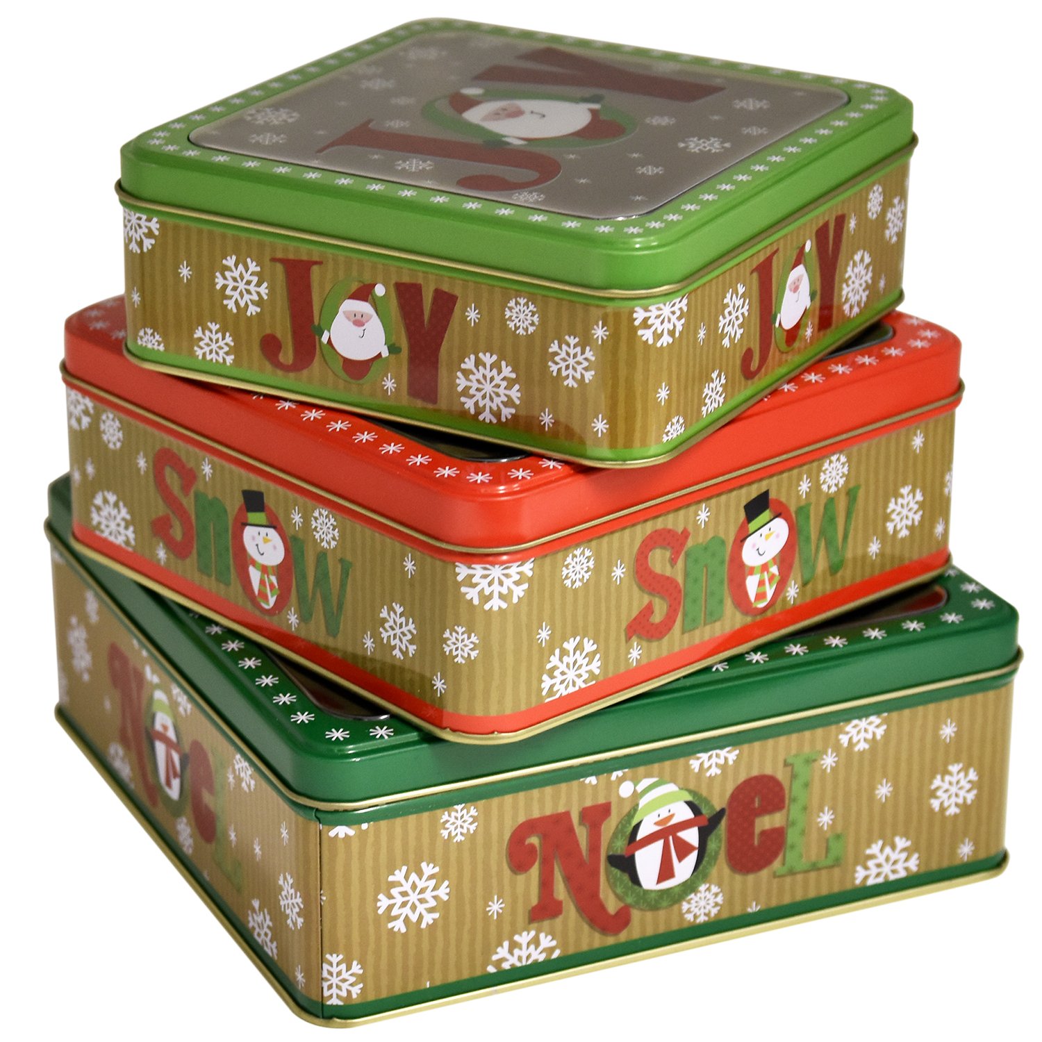 Gift Boutique Square Christmas Cookie Tins Nesting Boxes, Set Of 3 Designs Holiday Containers Party Favor Supplies With Window Metal Lid Cover