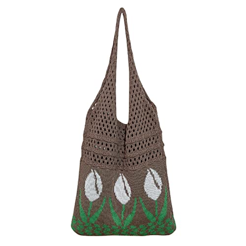 FUKZTE Women's Shoulder Handbags Trendy Flower Knitted Shoulder Bags Mesh Hollow Cute Tote Bag,09 Style