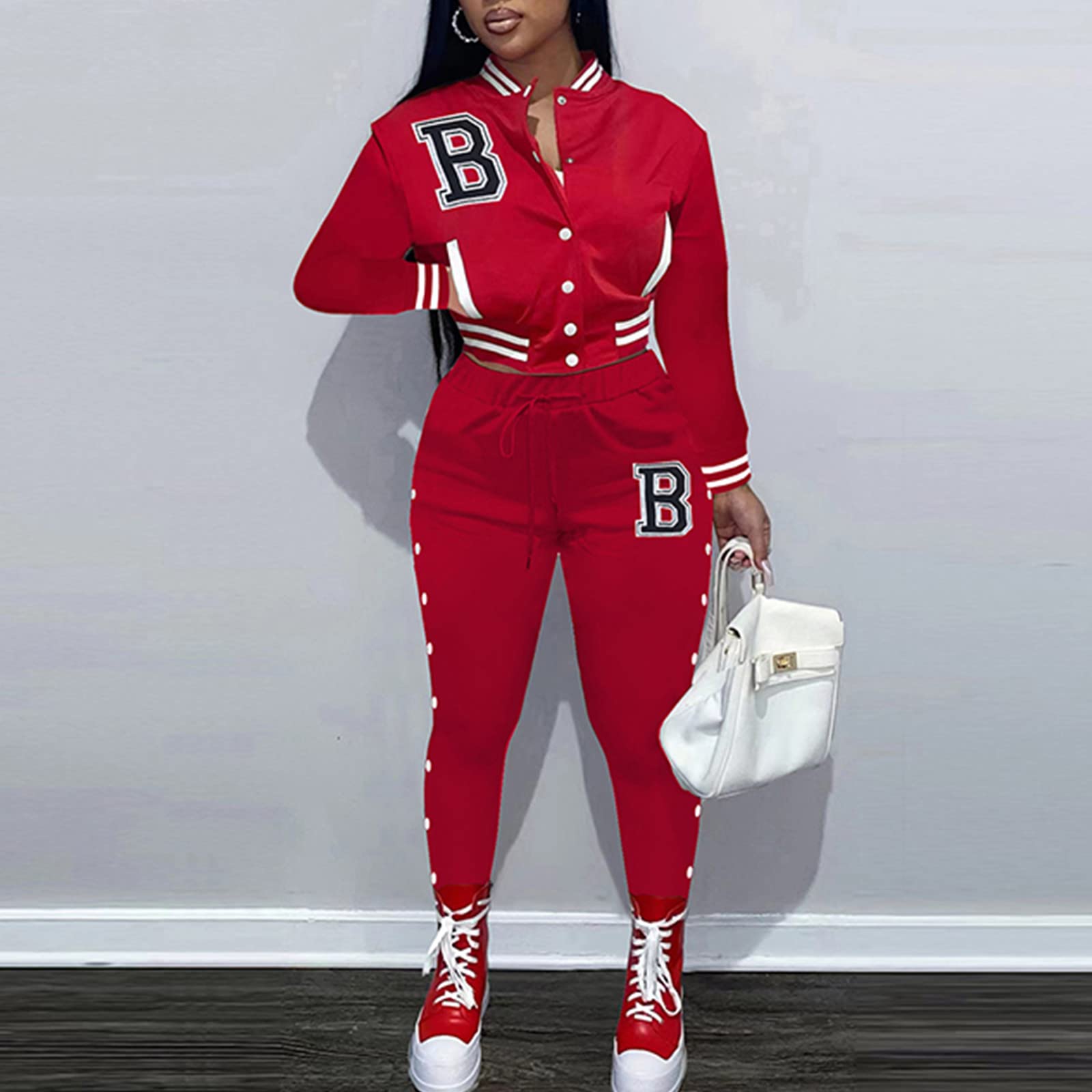 kaimimei Women Casual Varsity Jacket Sweatsuit Solid Color Button Down Jackets Pants 2 Pieces Tracksuit