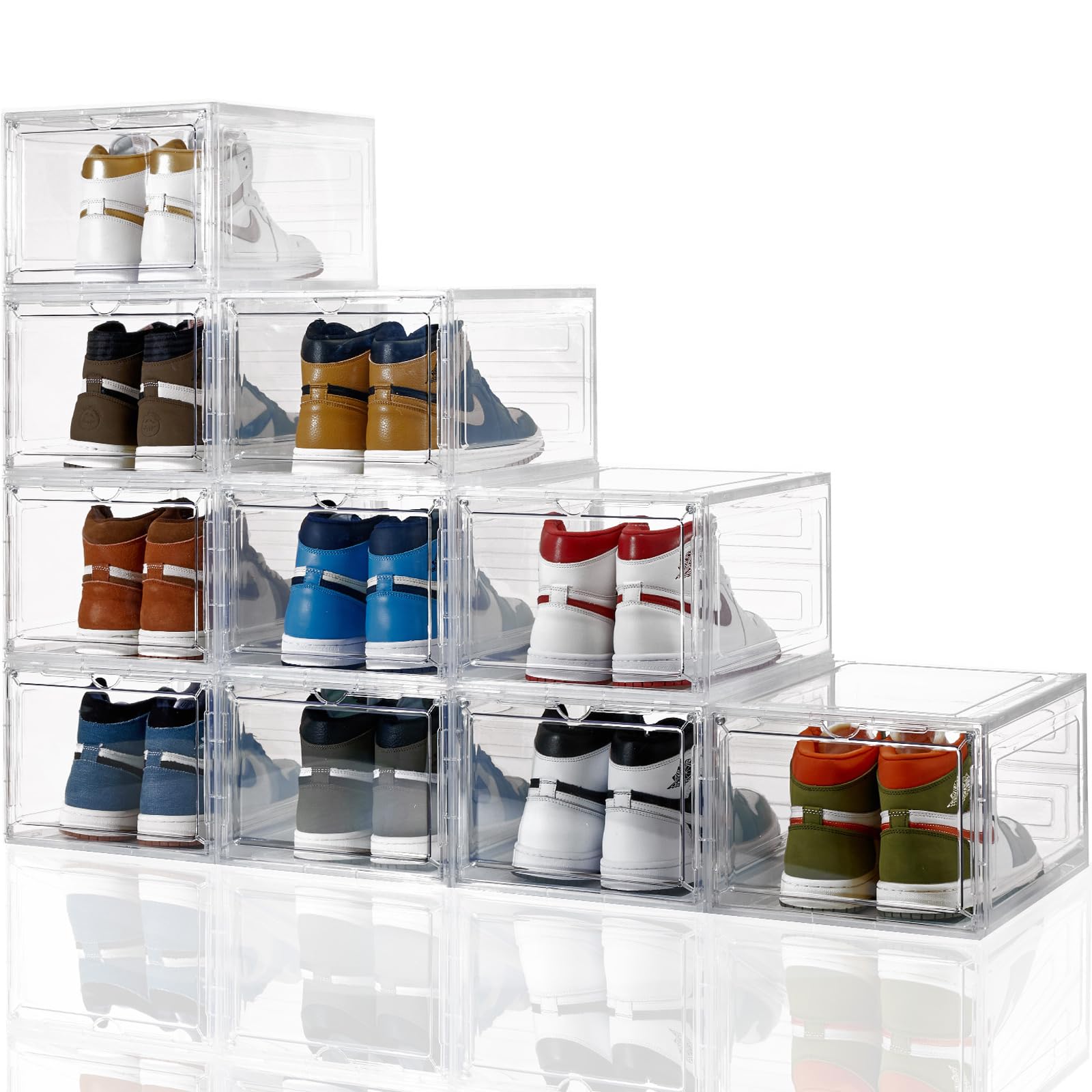 ParKoo Large Clear Shoe Organizer, Thicken Plastic Shoe Storage with Magnetic Door, 10 Pack Shoe Boxes Stackable, Shoe Organizer for Closet, Shoe Rack Sneaker Container Bin, Fit up to US Size 12
