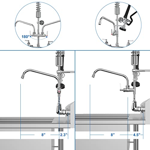 JZBRAIN Commercial Faucet with Sprayer 21" Height Wall Mount Kitchen Sink Faucet Add On Faucet 8" Swing Spout Pre-Rinse Sprayer 8 inch Center for 1 or 2 Compartment Sink
